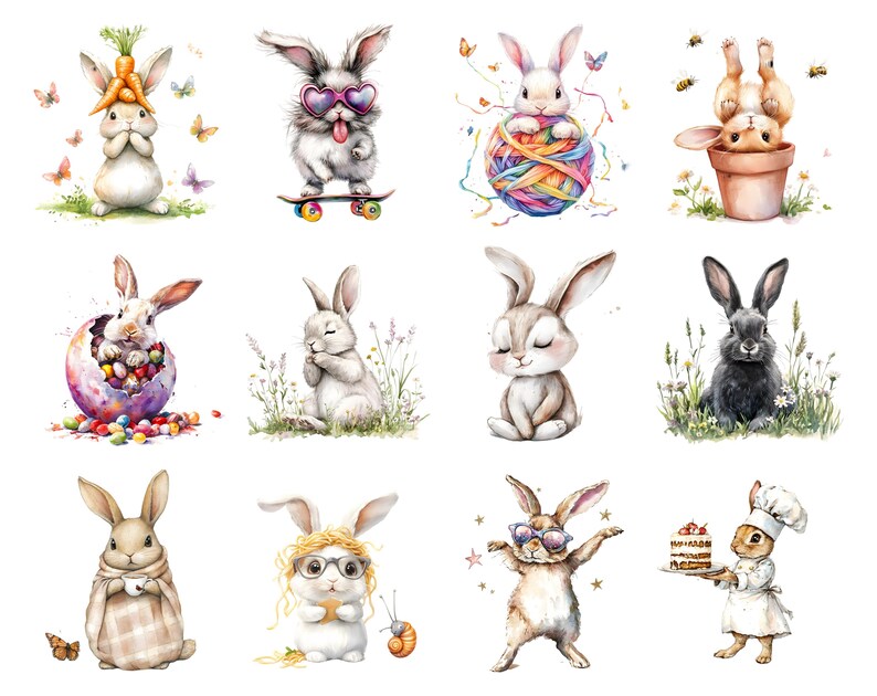 Funny Rabbit Clipart Png Bundle, Watercolor Funny Rabbit Clipart, Funny ...