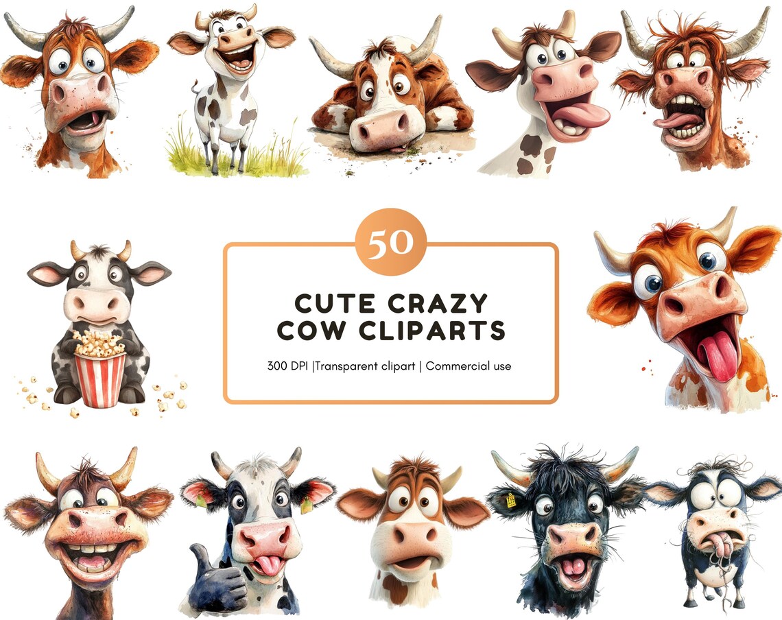 Crazy Cow Clipart, Funny Cow Clipart Png Bundle, Cow Clipart Png, Cute ...