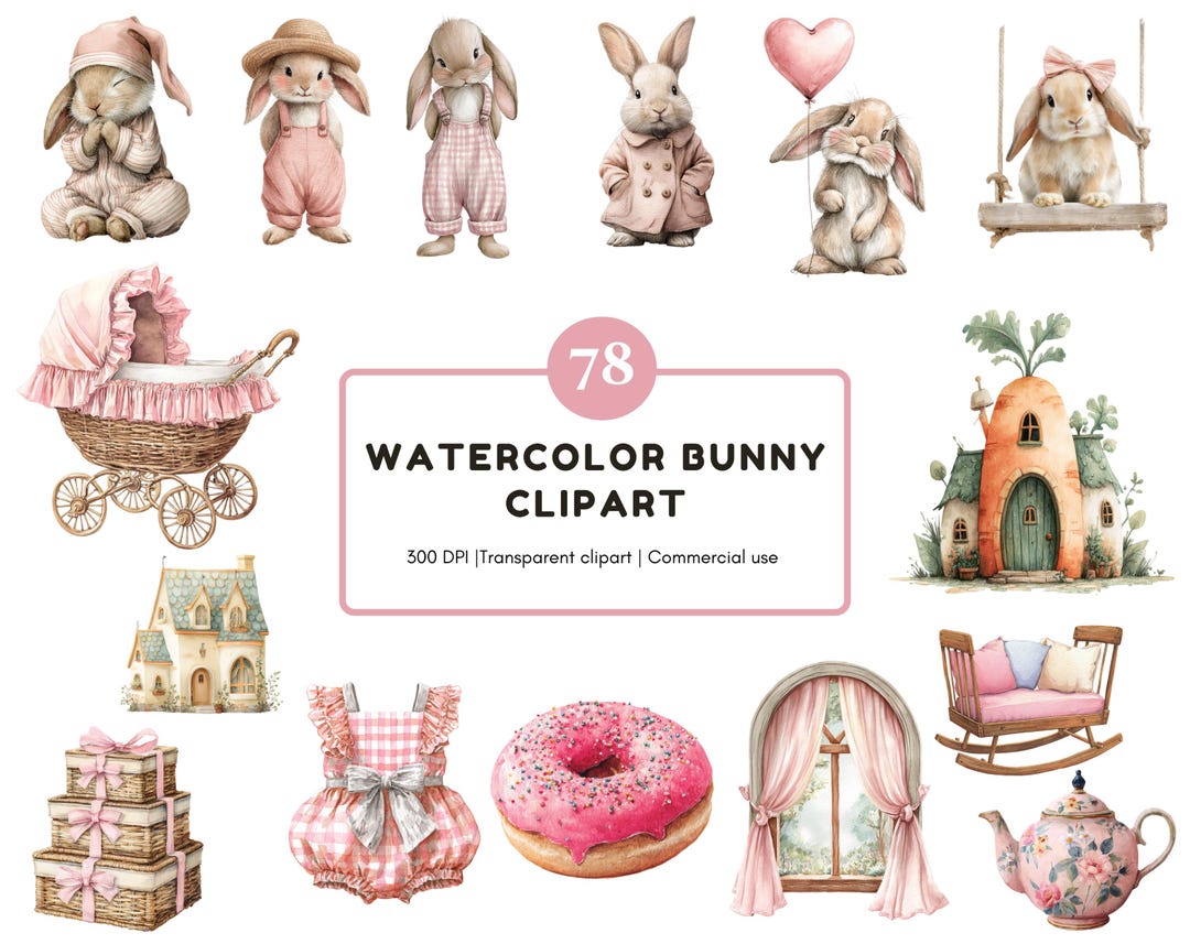 Watercolor Easter Bunny Clipart Bundle, Cute Easter Rabbits PNG, Pink ...