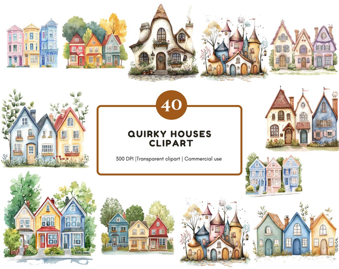 Watercolor Houses Clipart Bundle Png, Quirky Houses Clipart Png ...