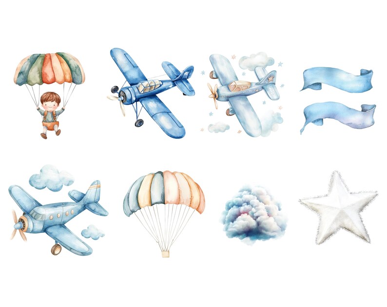 Watercolor Air Transport Clipart Bundle, Airplane, Balloons (instant ...