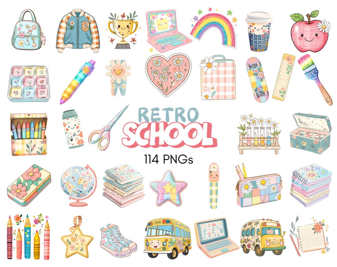 Retro School Clipart, Groovy School Clipart Bundle, Back to School ...