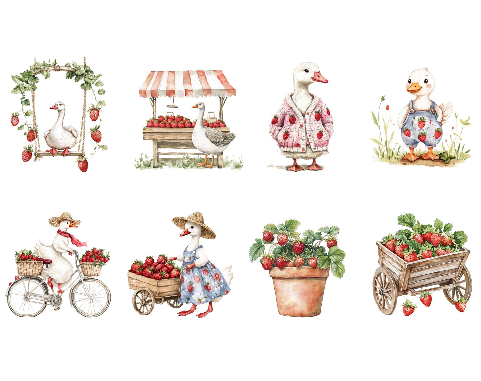 Strawberry Geese Clipart Png Bundle, Cute Goose Clipart, Cute Geese ...