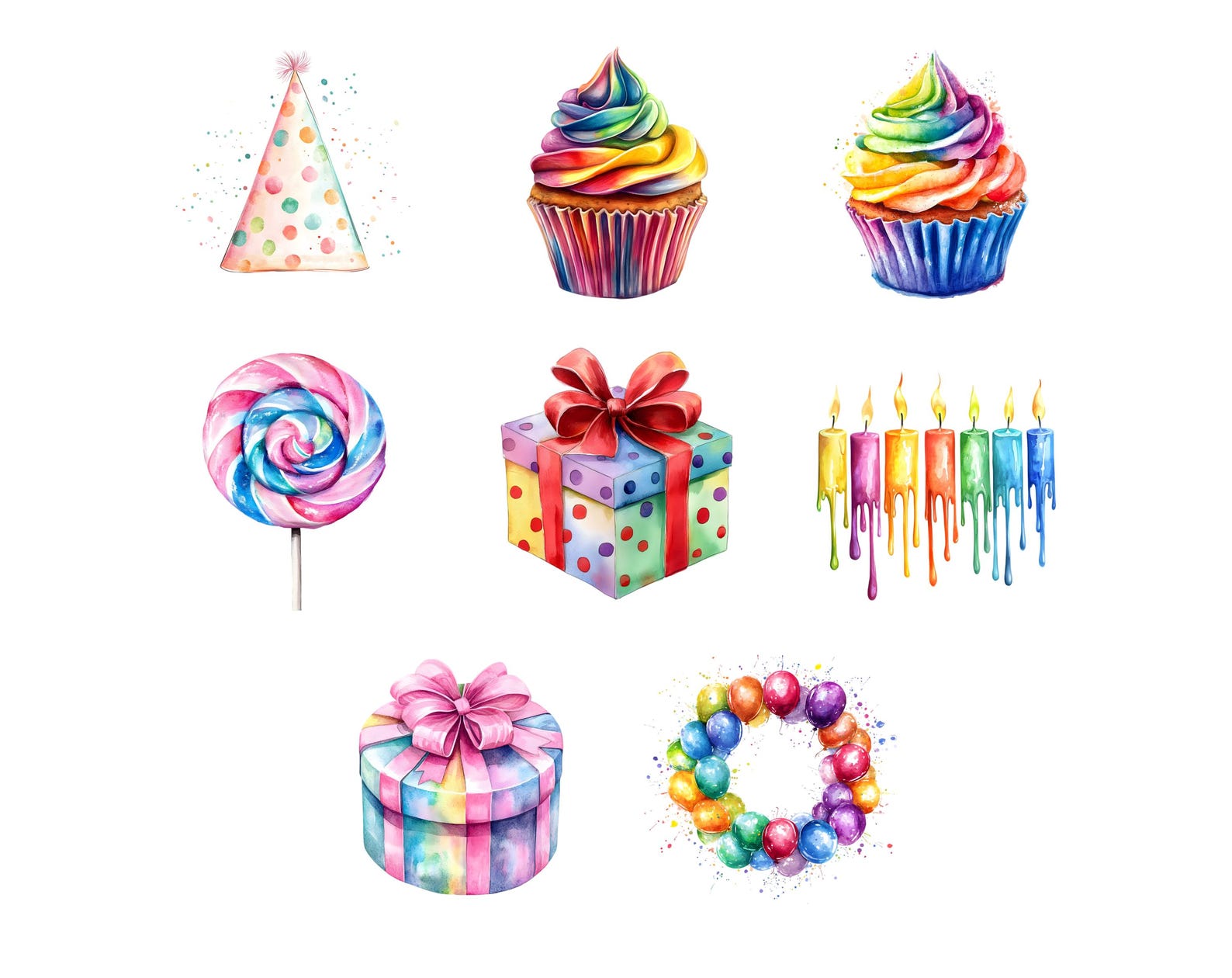 Watercolor Birthday Décor Clipart Png Bundle, Birthday Décor Clipart ...