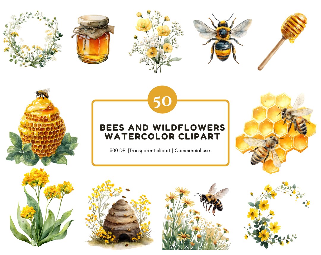 Watercolor Bee Clipart Png Bundle, Bees and Wildflower Clipart ...