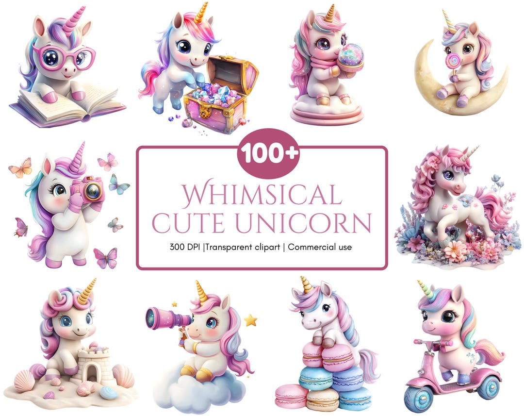 Whimsical Unicorn Clipart Bundle, Cute Baby Unicorn Clipart, Watercolor ...