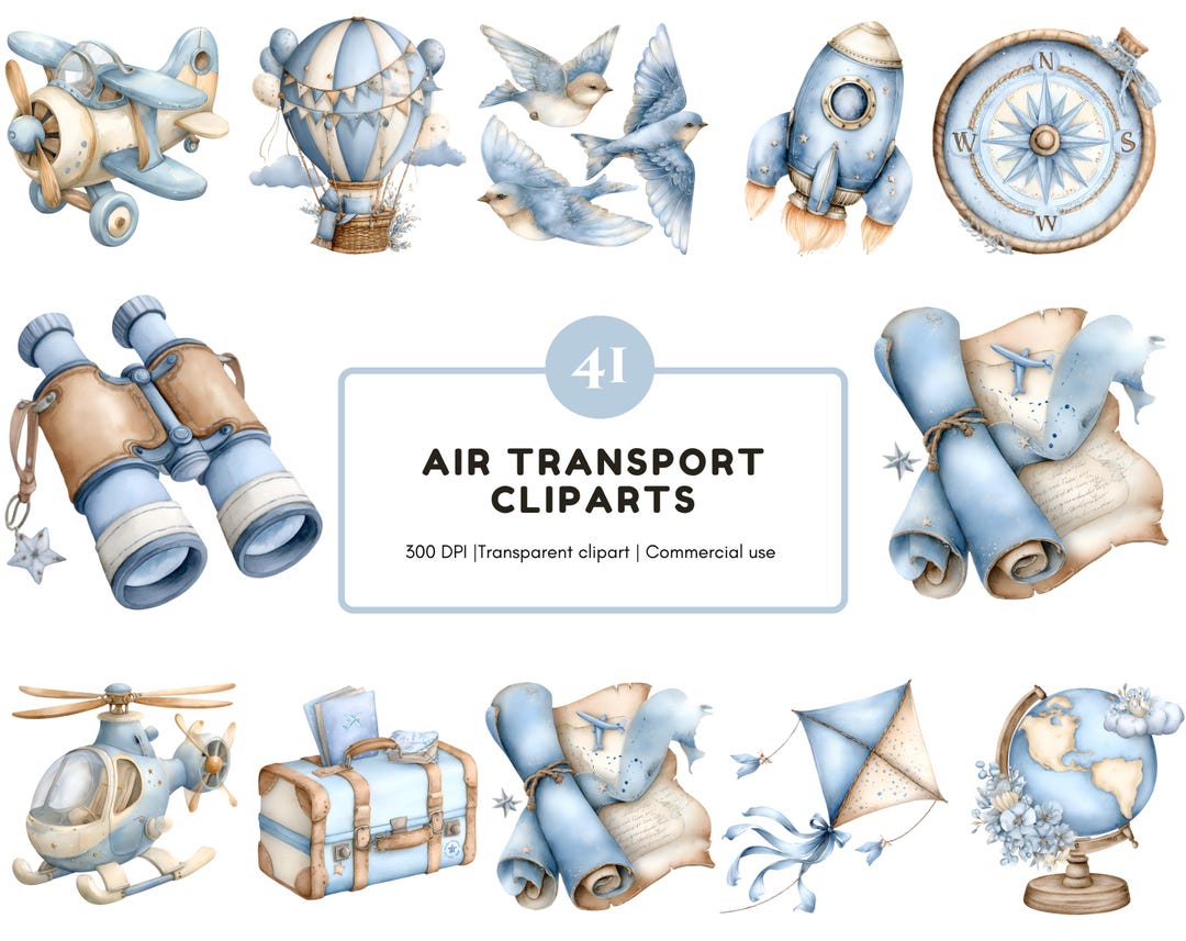 Watercolor Airplane Clipart Set, Hot Air Balloon Clipart, Air Transport ...