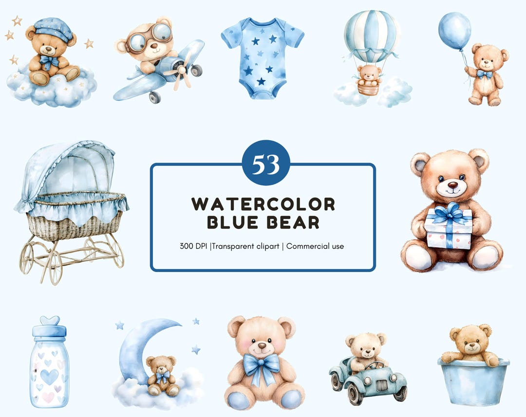 Blue Teddy Bear Clipart Bundle, Watercolor Teddy Bear Clipart, Teddy ...