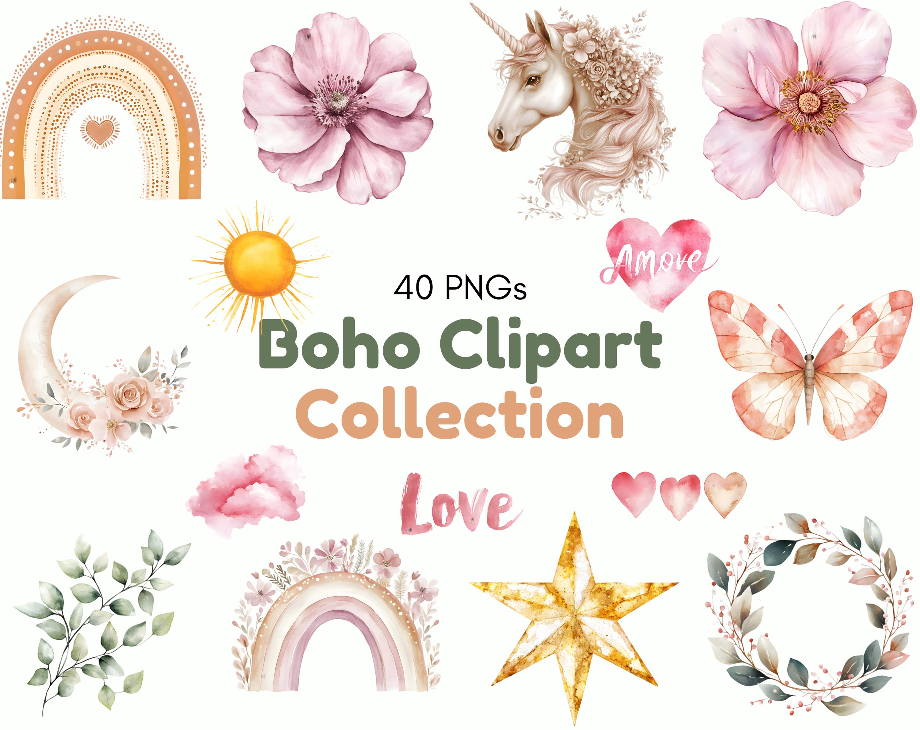 Watercolor Boho Rainbow Clipart Png Bundle, Boho Rainbow Clipart, Boho ...