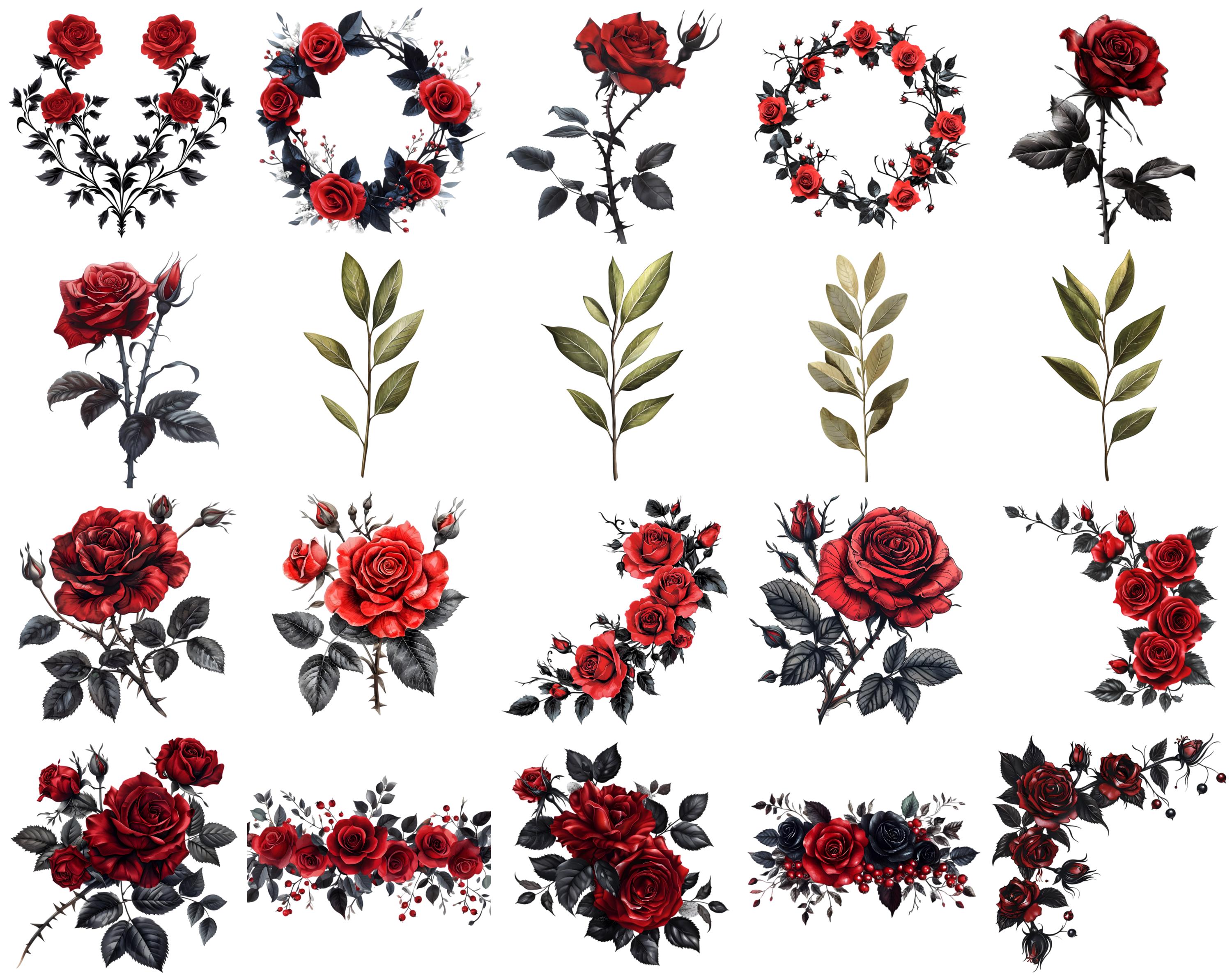 Red Roses Clipart Bundle, Watercolor Black Flower PNG (digital Download ...
