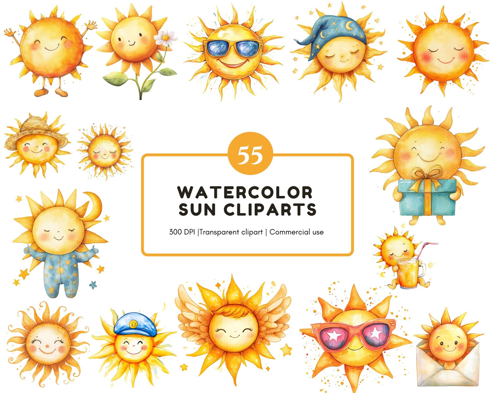 Watercolor Sun Clipart Png Bundle, Sun Clipart Set, Sun Png, Boho ...