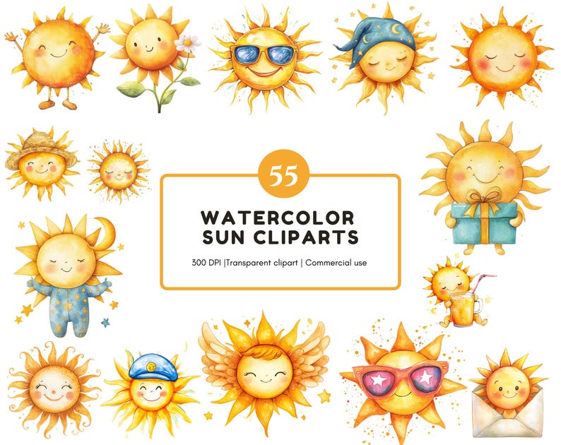 Watercolor Sun Clipart Png Bundle, Sun Clipart Set, Sun Png, Boho ...