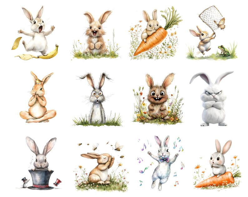 Funny Rabbit Clipart Png Bundle, Watercolor Funny Rabbit Clipart, Funny ...