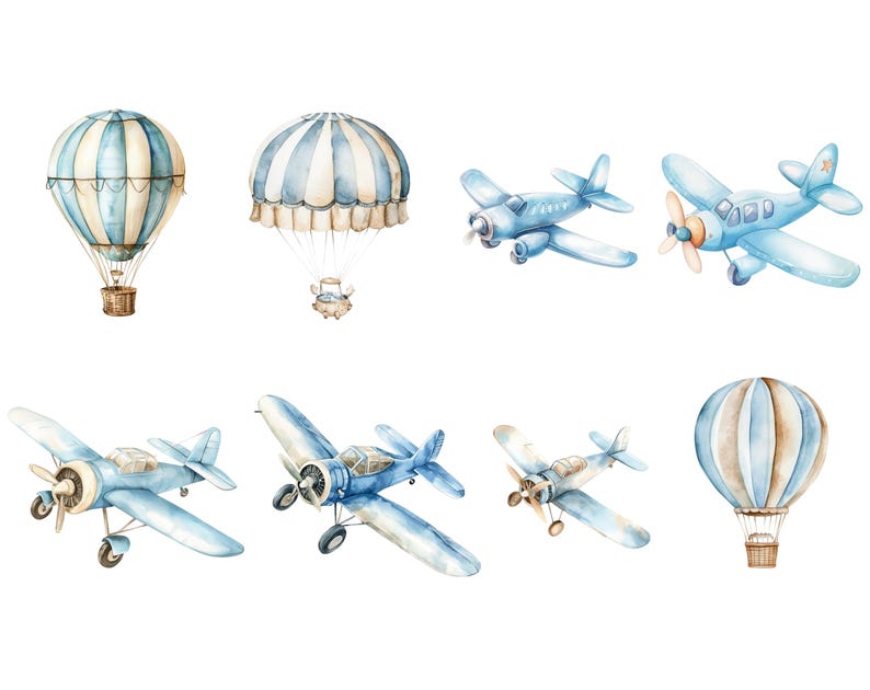 Watercolor Air Transport Clipart Bundle, Airplane, Balloons (instant ...