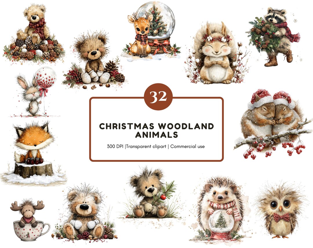 Woodland Animal Christmas Clipart Bundle, Christmas Cute Woodland ...