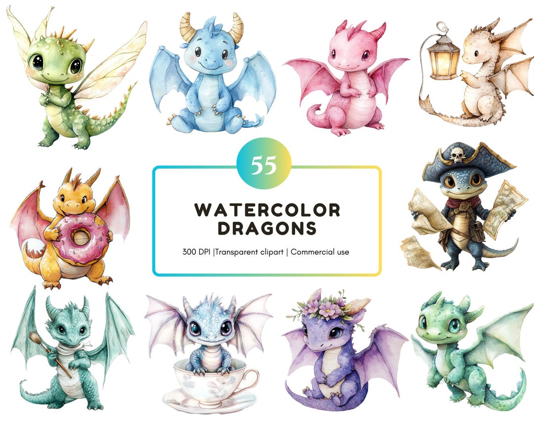Watercolor Dragon Clipart Png Bundle, Cute Dragon Clipart, Dragon ...