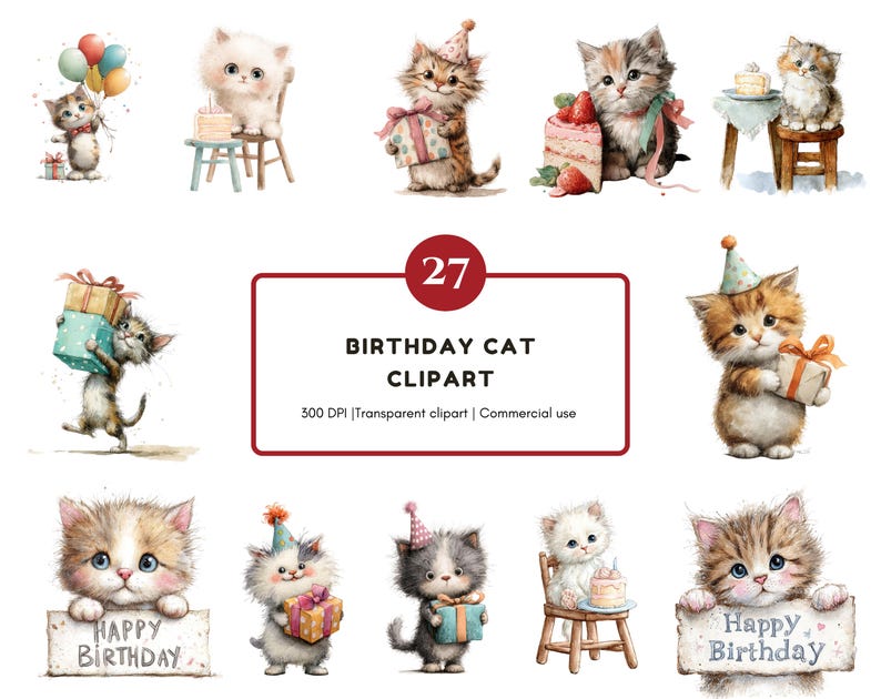 27 Birthday Cat Clipart Set, Watercolor Cute Kitten Birthday, Balloons ...