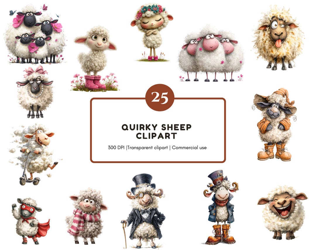 25 Quirky Sheep Clipart Bundle, Watercolor Quirky Sheep Png Set, Funny ...