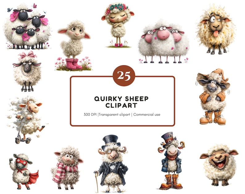 25 Quirky Sheep Clipart Bundle, Watercolor Quirky Sheep Png Set, Funny ...