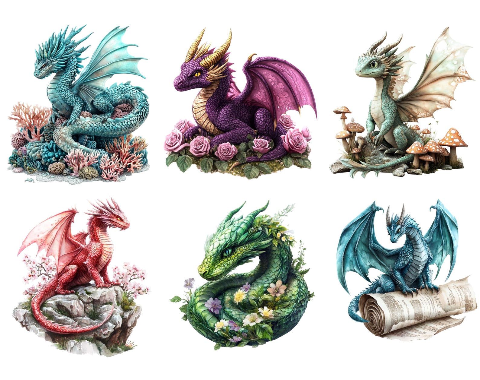 Fantasy Dragon Clipart Set, Dragon Clipart Png Bundle, Watercolor ...
