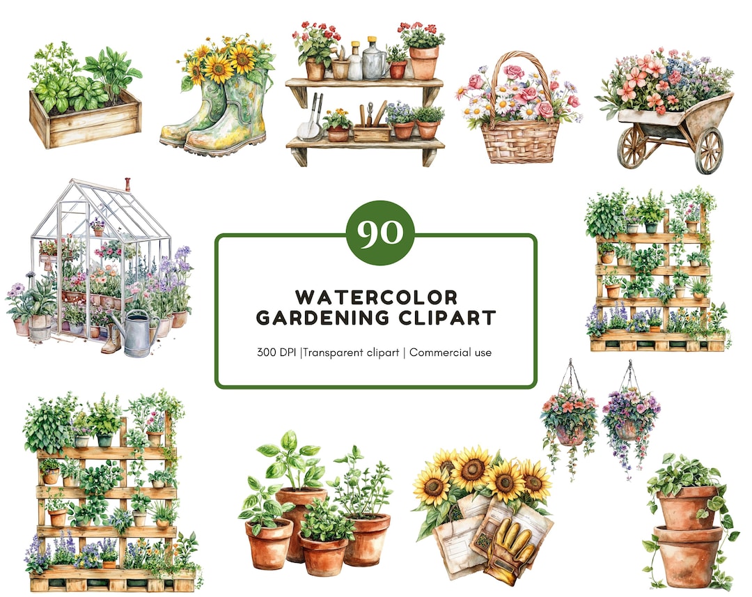 Watercolor Gardening Clipart Bundle Png, Gardening Clipart, Garden ...