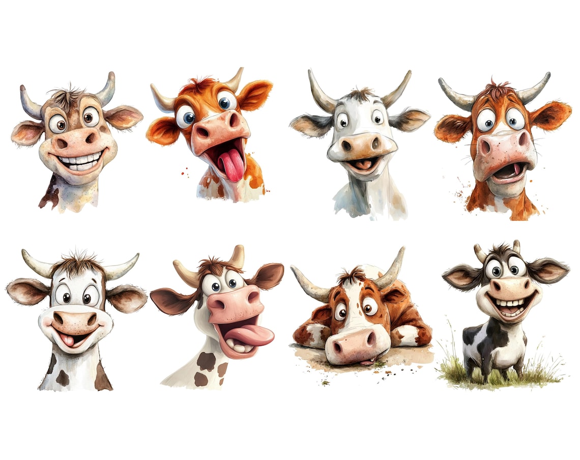 Crazy Cow Clipart, Funny Cow Clipart Png Bundle, Cow Clipart Png, Cute ...