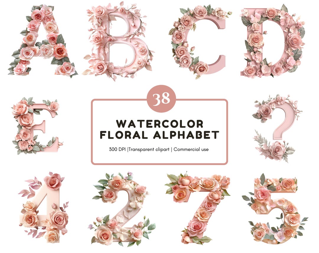 Watercolor Floral Alphabet Clipart Set, Pink Floral Alphabet Clipart ...