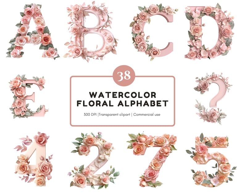 Watercolor Floral Alphabet Clipart Set, Pink Floral Alphabet Clipart ...
