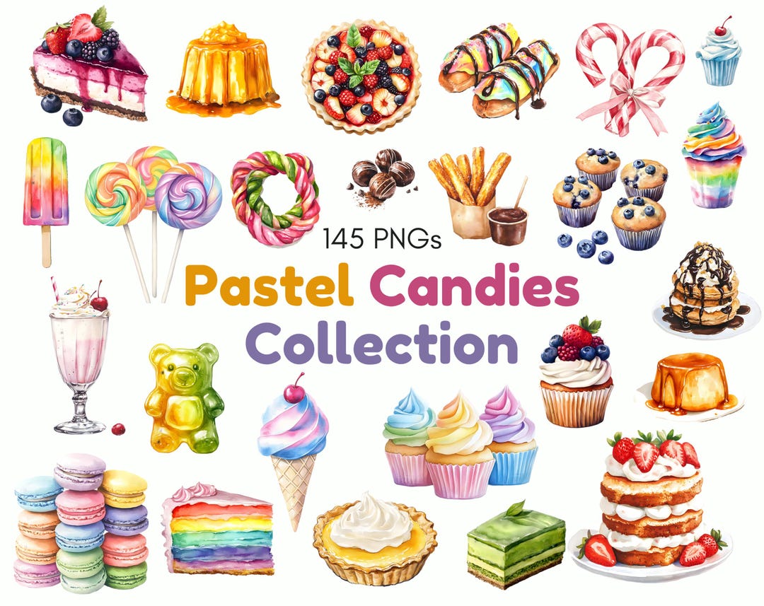 Watercolor Sweet Candy Clipart Bundle, Pastel Candy Clipart, Pastel ...