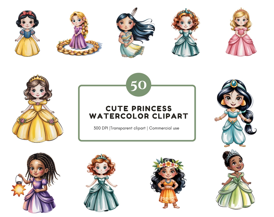 Watercolor Princess Clipart Bundle, Princess Png, Cute Princess Clipart ...