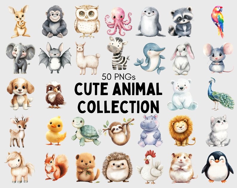 50 Cute Animal Clipart Png Bundle, Watercolor Cute Animal Clipart ...