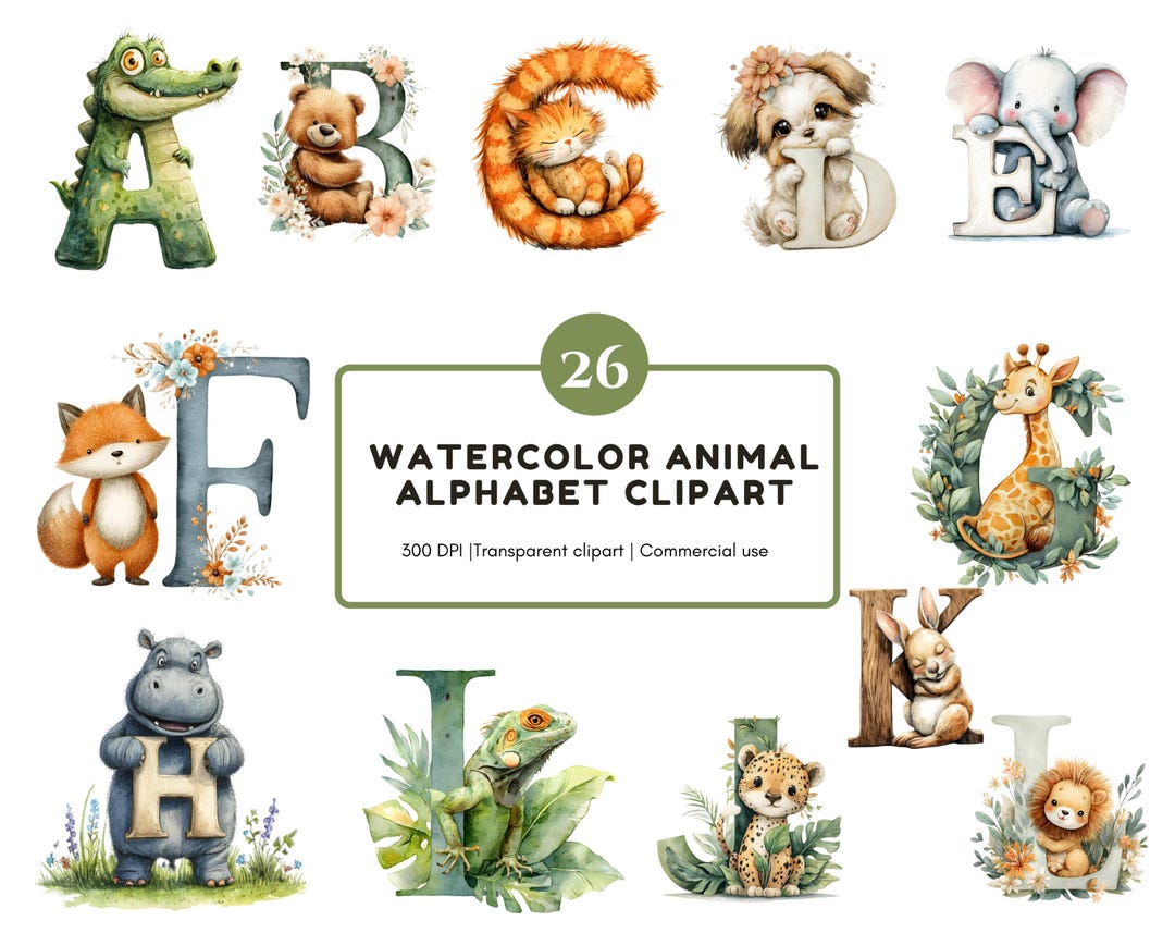 Animal Alphabet Clipart, Watercolor Cute Alphabet Png Bundle, Cute ...
