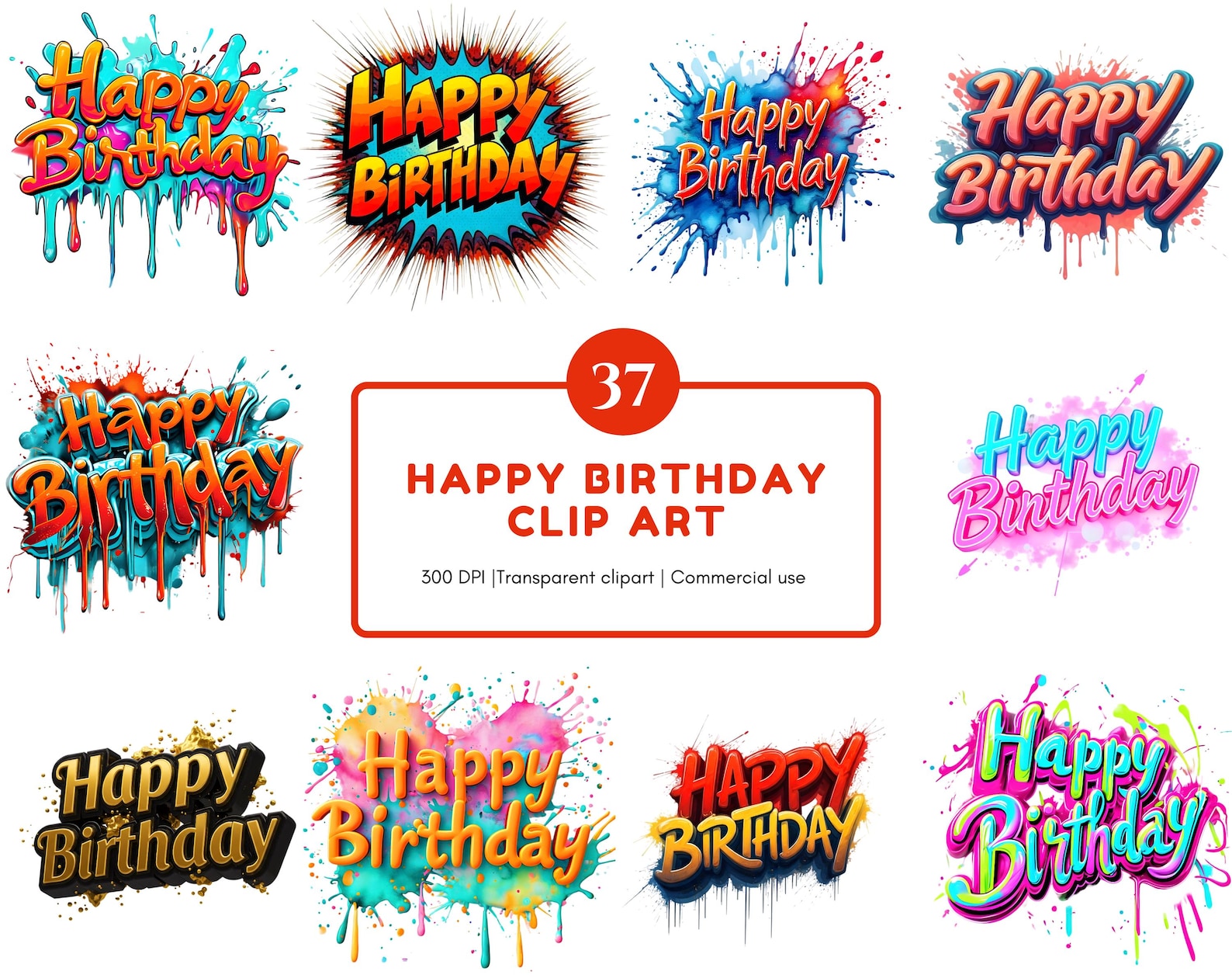 Watercolor Happy Birthday Clipart Png Bundle, Happy Birthday Word ...