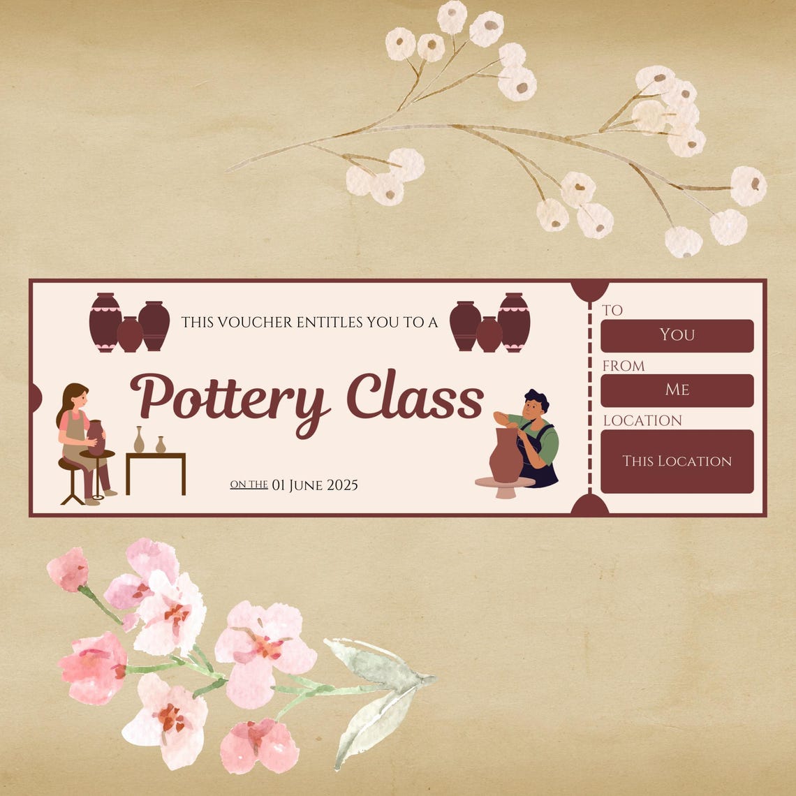 Pottery Class Gift Voucher Template | Editable Canva Ticket Design | DIY Digital Workshop Ticket ...