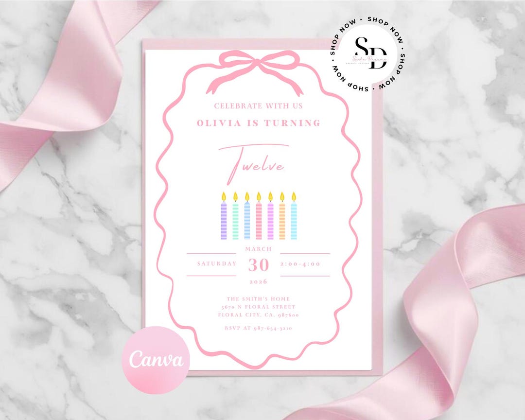 Pink Candle Birthday Invitation Template - Pastel Cursive Girls and ...