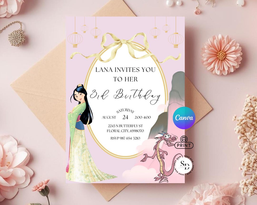 Pink Mulan Birthday Invitation - Canva Princess Party Invite ...