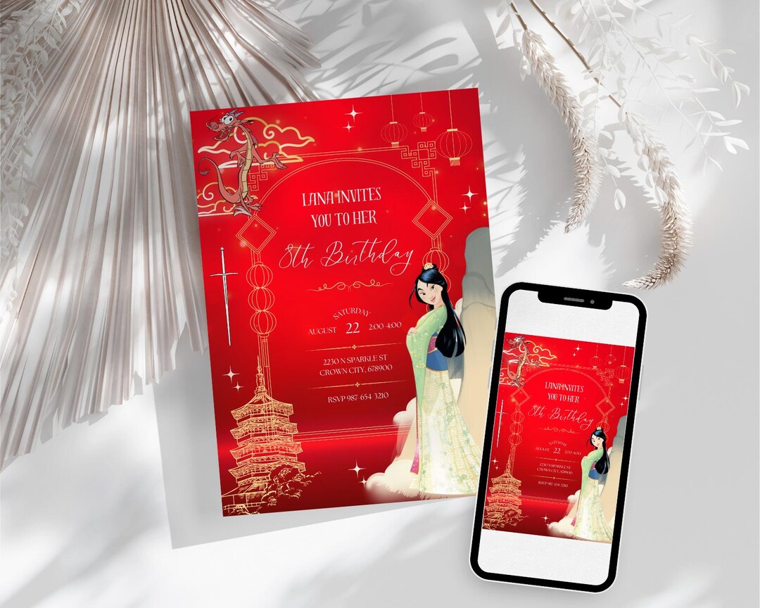 Mulan Birthday Invitation Template | Editable Canva Invite | Red & Gold ...