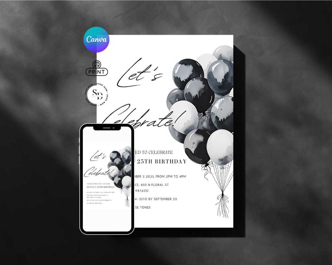 Modern Birthday Party Invitation - Balloons Invite Template - Adult ...