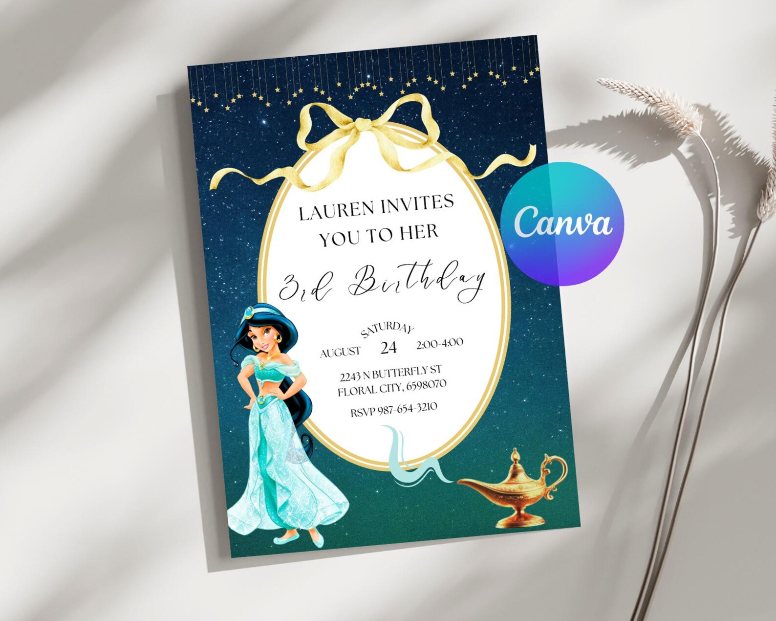 Jasmine Birthday Invitation Template - Canva Princess Party Invite ...