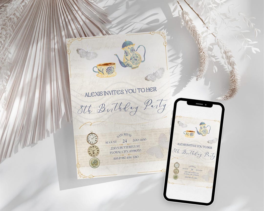 Vintage Tea Party Birthday Invitation Template | Editable Canva ...