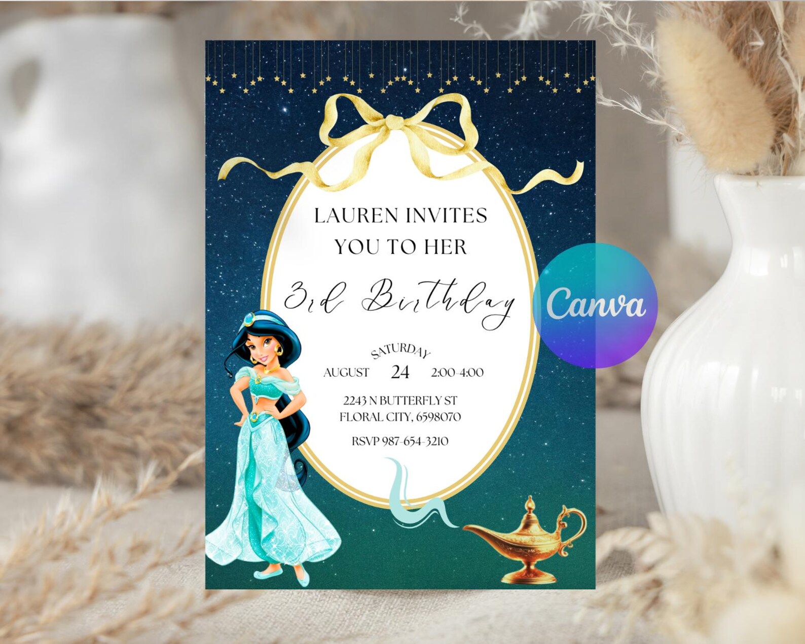Jasmine Birthday Invitation Template - Canva Princess Party Invite ...