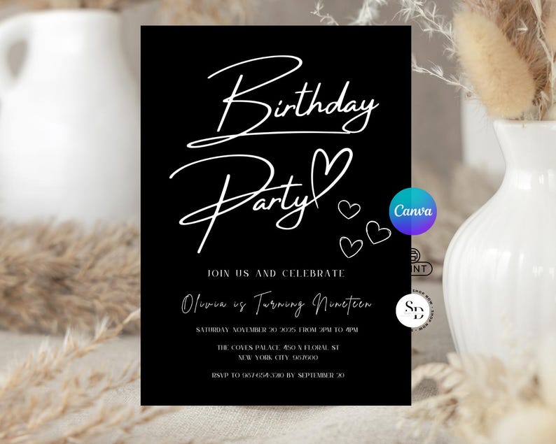 Heart Birthday Invitation Template - Modern Elegant Cursive Teen Girl ...