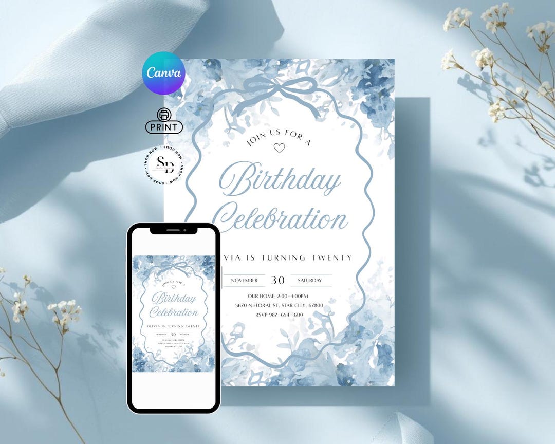 Classy Blue Birthday Invitation Template - Modern Women's Printable ...