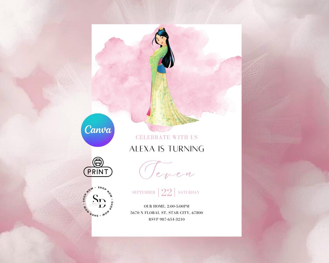 Editable Mulan Birthday Invitation – Pink Princess Party Printable ...