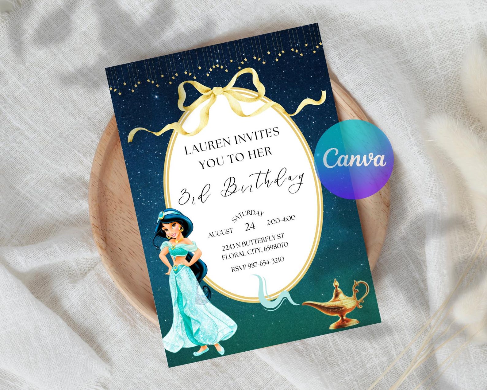 Jasmine Birthday Invitation Template - Canva Princess Party Invite ...