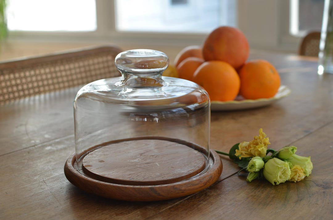Vintage Cheese Cloche With Wooden Base | 1980s Glass Kitchen Dome - Etsy