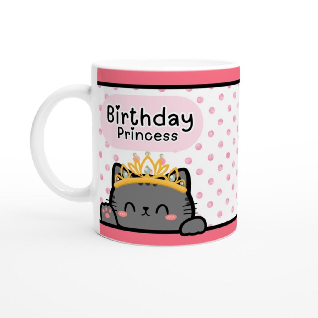 Happy Birthday Cat Princess Tiara Mug in Pink or Blue Polka Dot ...