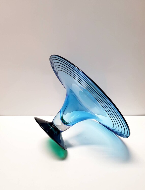 HUGE Blenko Spiral Compote 9826 Azure Blue and Emerald Green | Etsy