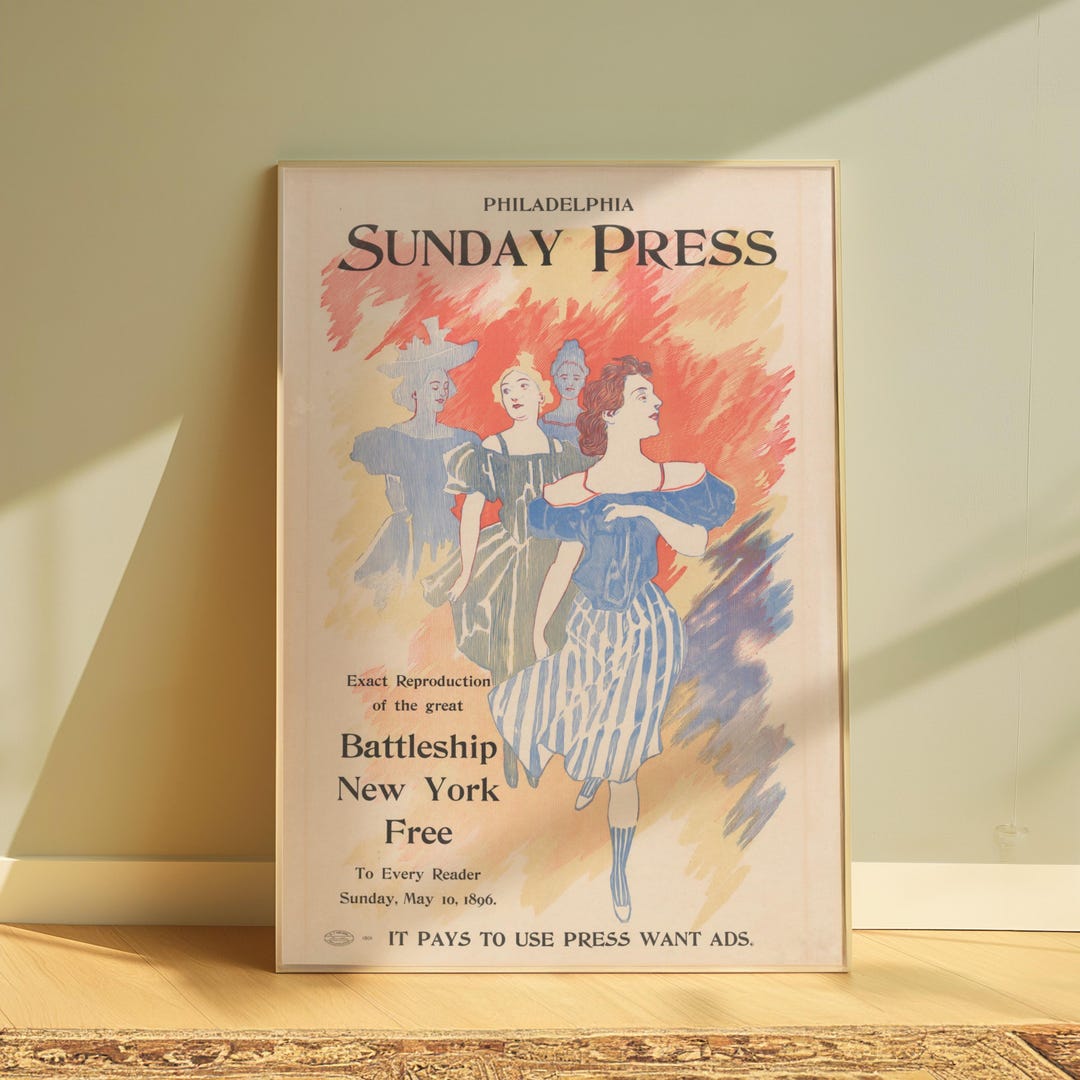 Vintage 1896 Sunday Press Poster – Art Nouveau Newspaper Advertisement ...