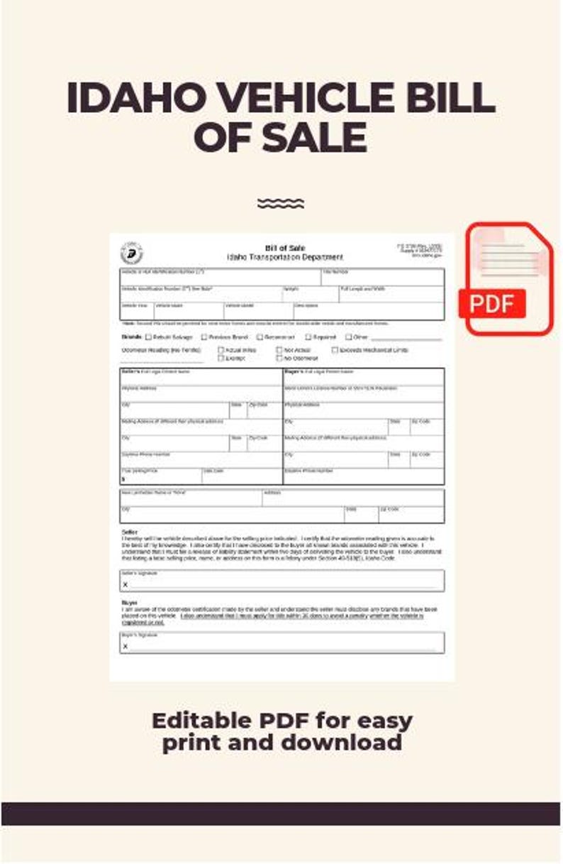 Idaho Vehicle Bill of Sale Template – Printable & Editable PDF for Car ...